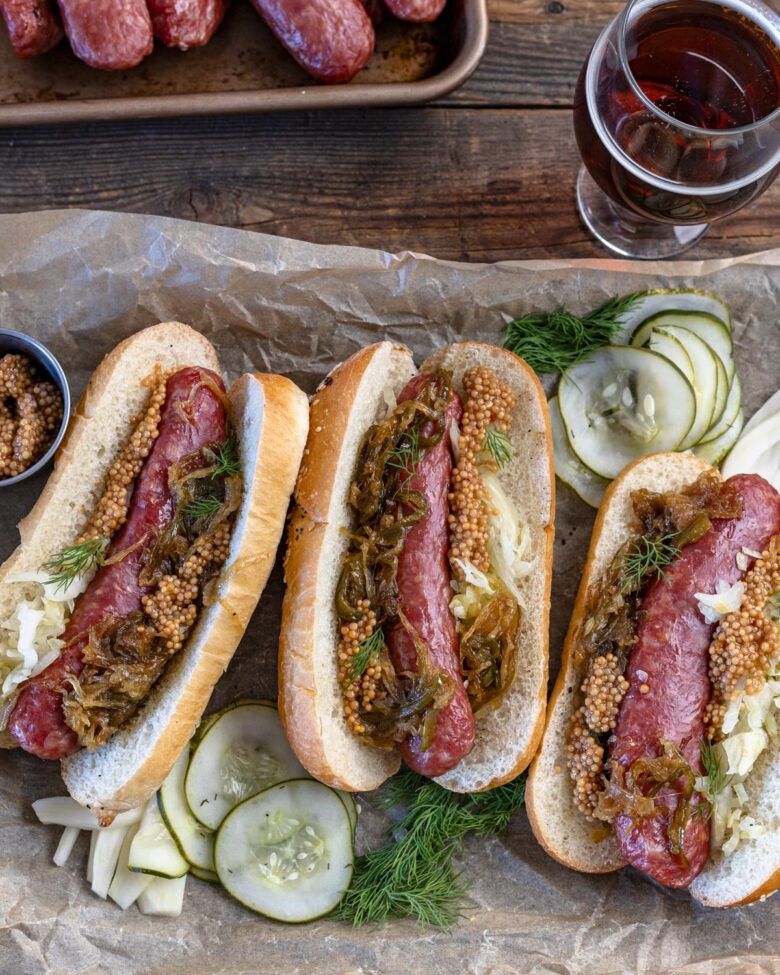 Smoked Brats with Spicy Beer Onions - Chiles and Smoke