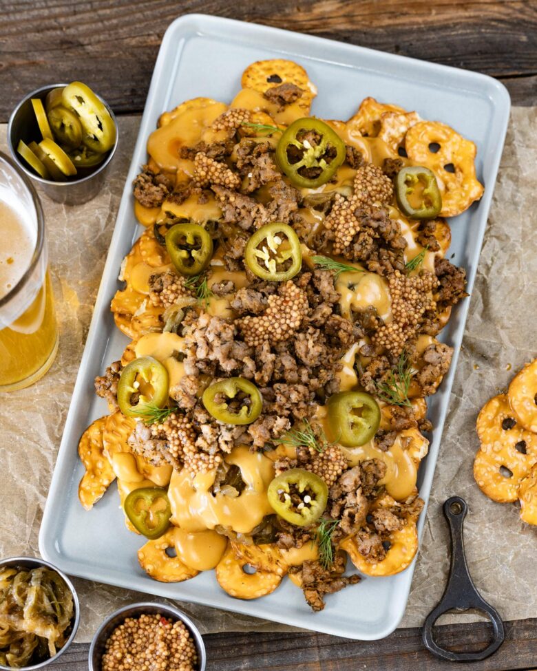 Bratchos with Pretzel Chips - Chiles and Smoke
