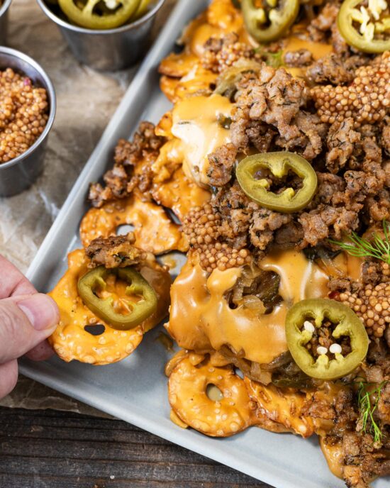 Bratchos with Pretzel Chips - Chiles and Smoke