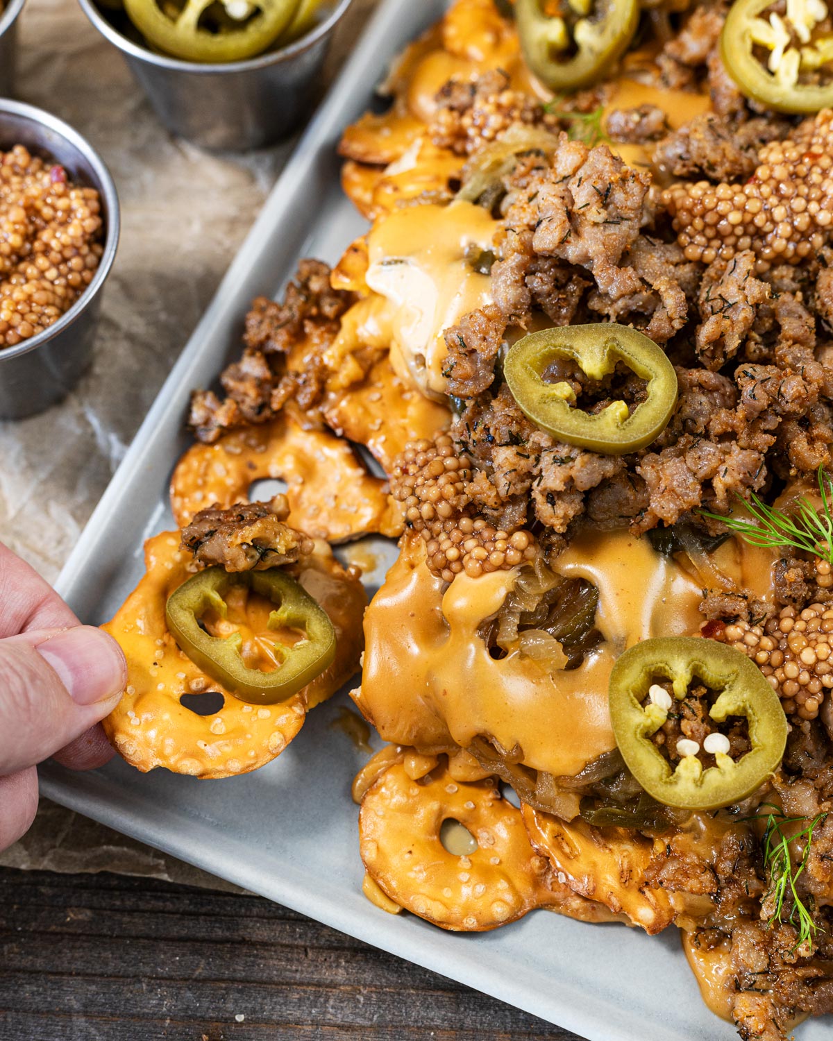 Bratchos with Pretzel Chips - Chiles and Smoke