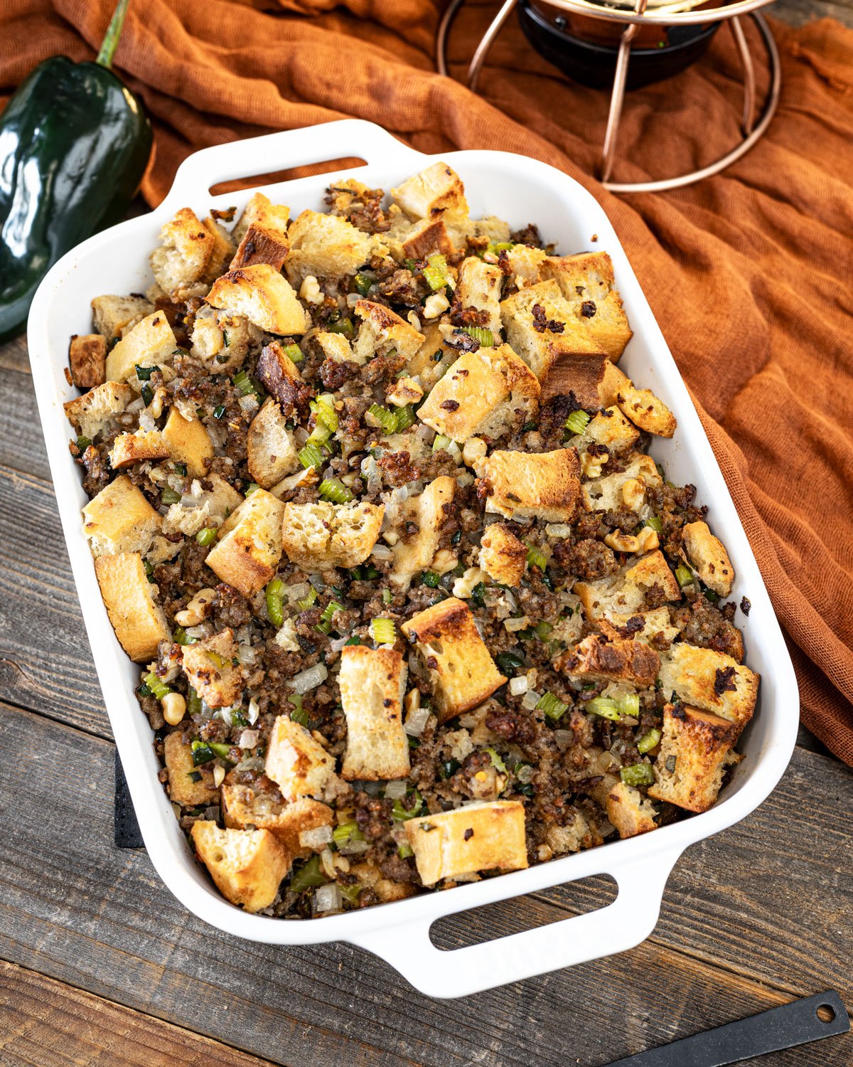 Savory Poblano Sausage Stuffing - Chiles and Smoke